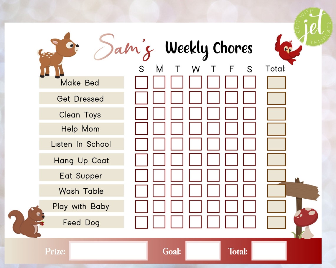 Animal Reward Chart for Toddler, Editable Chore Chart for Kids, Routine ...