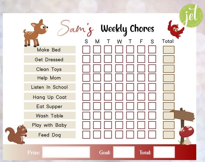 Animal Reward Chart for Toddler, Editable Chore Chart for Kids, Routine ...