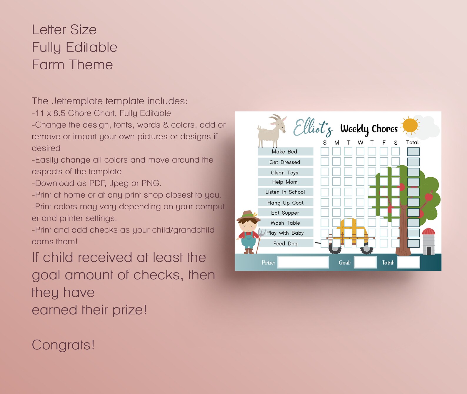 Farm Chore Chart for Boys, Editable Weekly Schedule for Kids, Reward ...