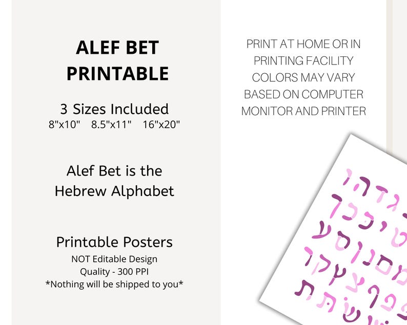 Printable Alef Bet Poster, Hebrew Alphabet, Aleph Bet Chart, Alef Bais ...