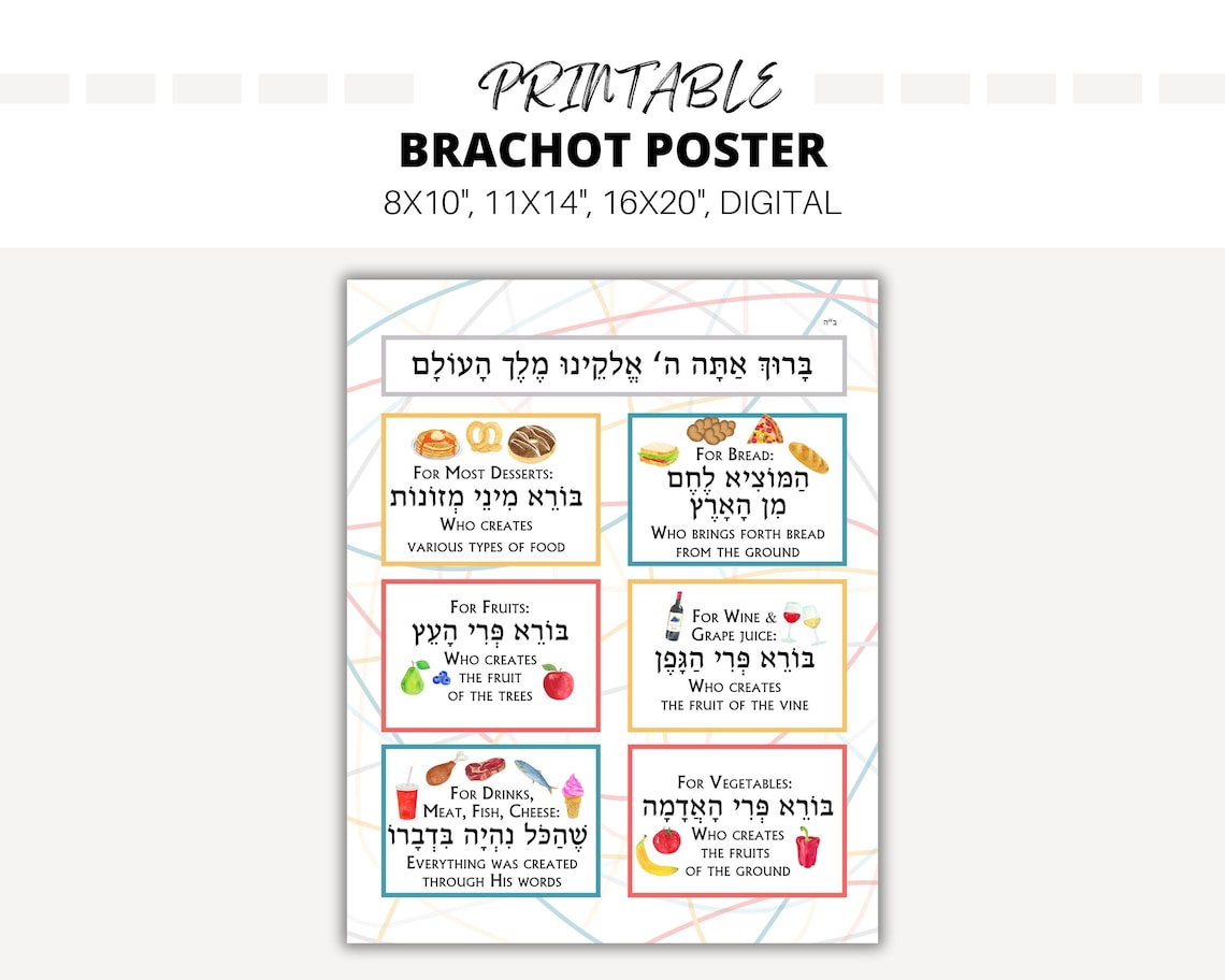 Printable Brachot Poster for Kids, Colorful Bracha Chart, Jewish Food ...