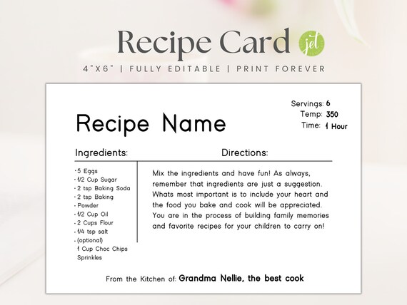 EDITABLE Recipe Card 4x6 Recipe Template Recipe Organizer - Etsy