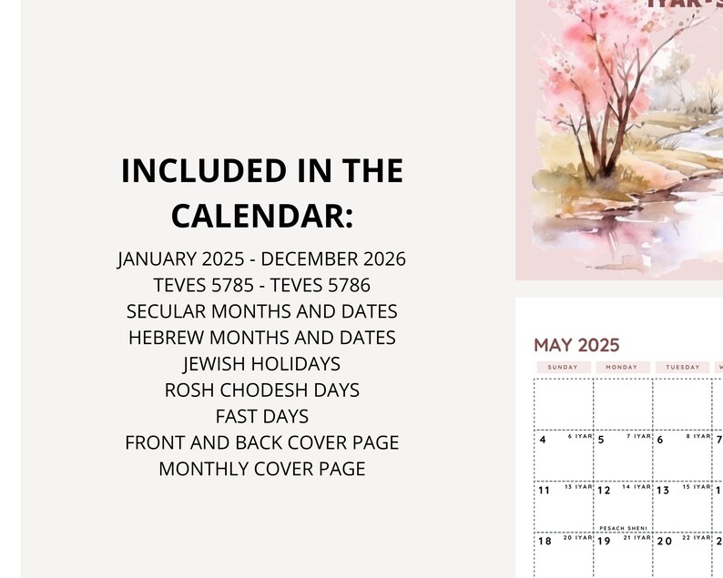 EDITABLE Hebrew Calendar 2025, Printable Watercolor Jewish Calendar ...