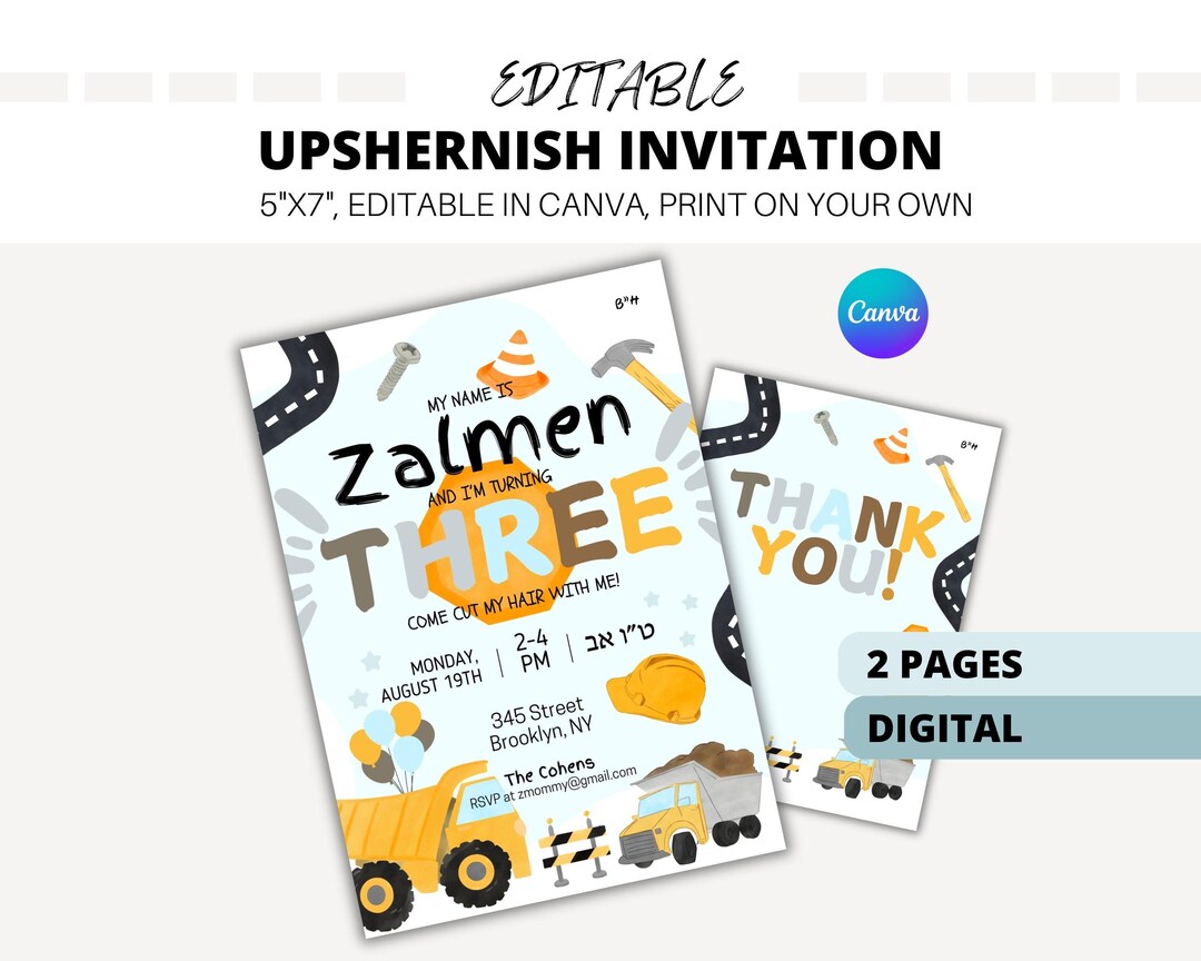 Construction Trucks Upshernish Invite, EDITABLE Upsherin Invitation ...