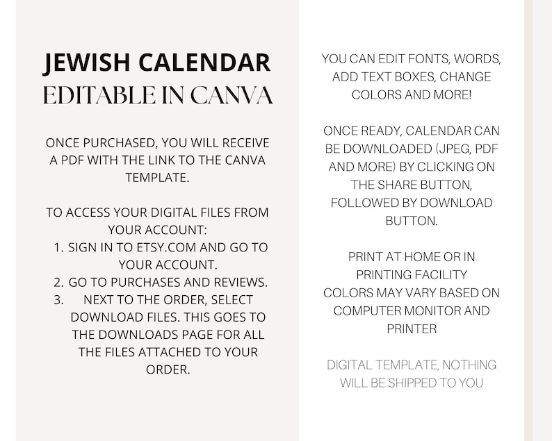 EDITABLE Hebrew Calendar 5786, Printable Jewish Calendar 2025-26 ...