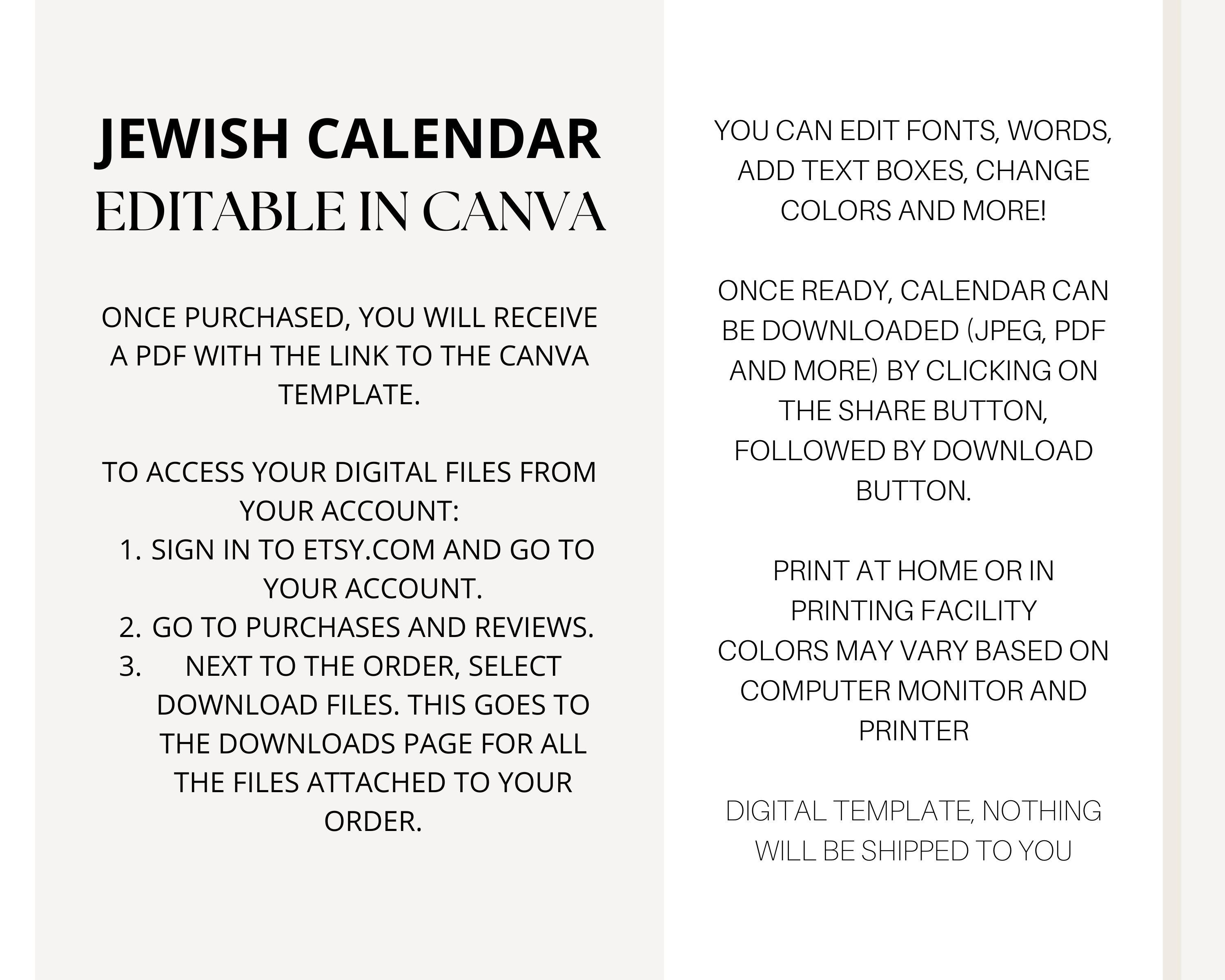 EDITABLE Hebrew Calendar 5786, Printable Jewish Calendar 2025-26 ...