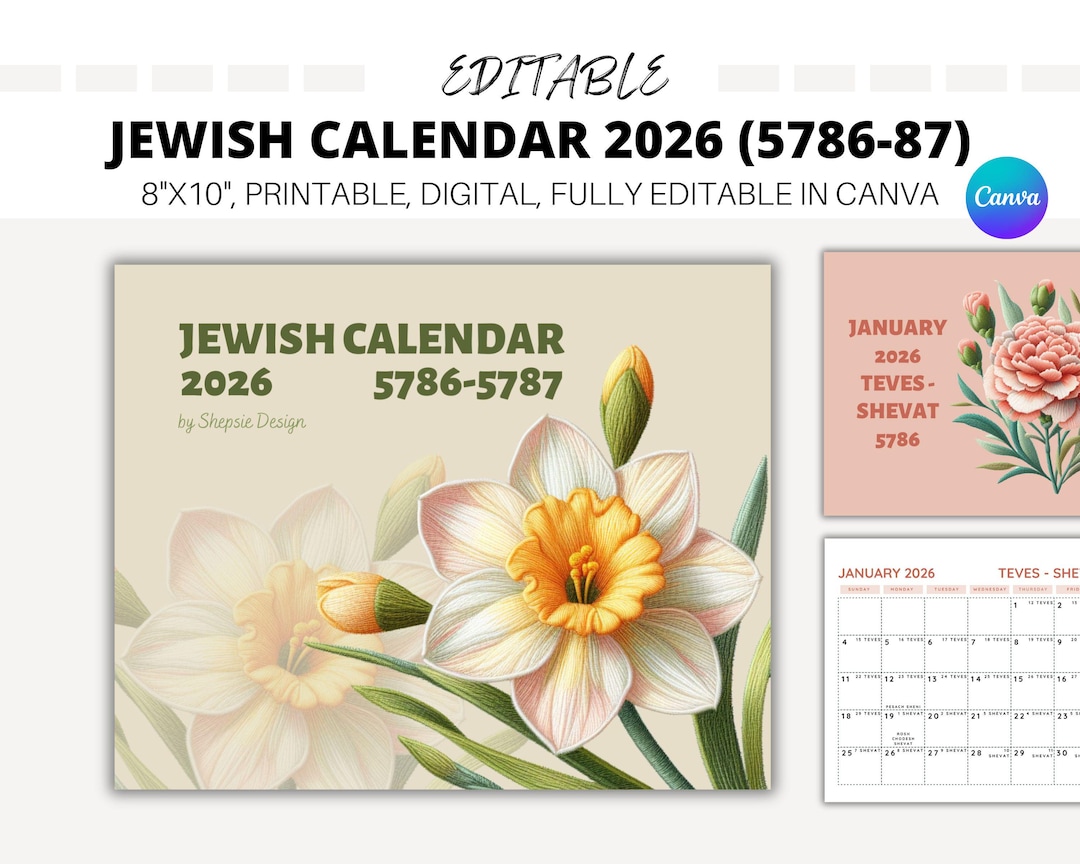 Editable Jewish Calendar 2026 (5786-87) - Printable 8x10 (digital ...