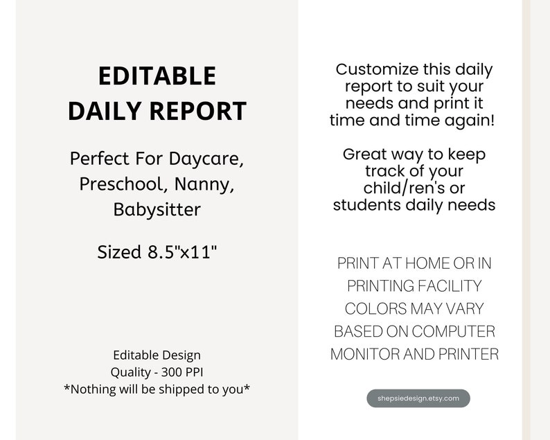 Editable Daycare Daily Report: Nanny, Babysitter Forms (canva Template ...