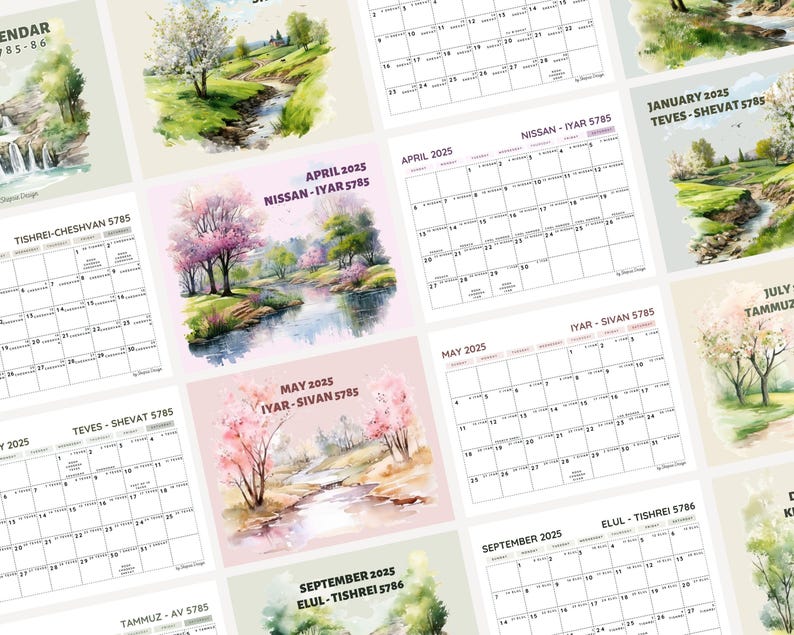 EDITABLE Hebrew Calendar 2025, Printable Watercolor Jewish Calendar ...