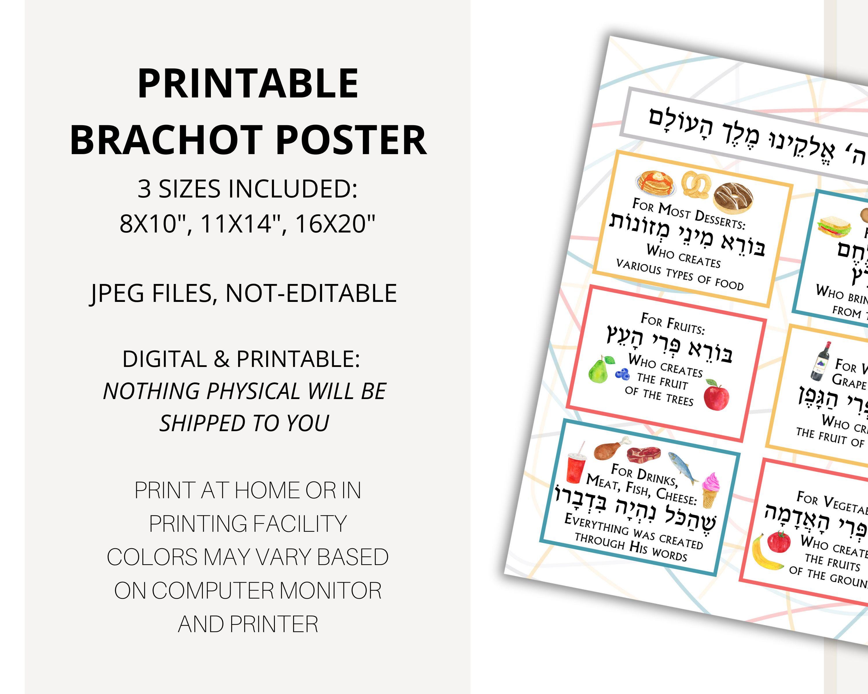Printable Brachot Poster for Kids, Colorful Bracha Chart, Jewish Food ...