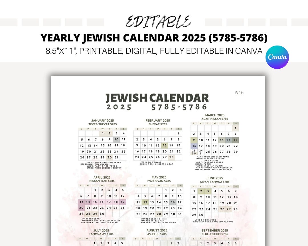 EDITABLE Yearly Jewish Calendar 2025, Jewish Holidays, Canva Template ...