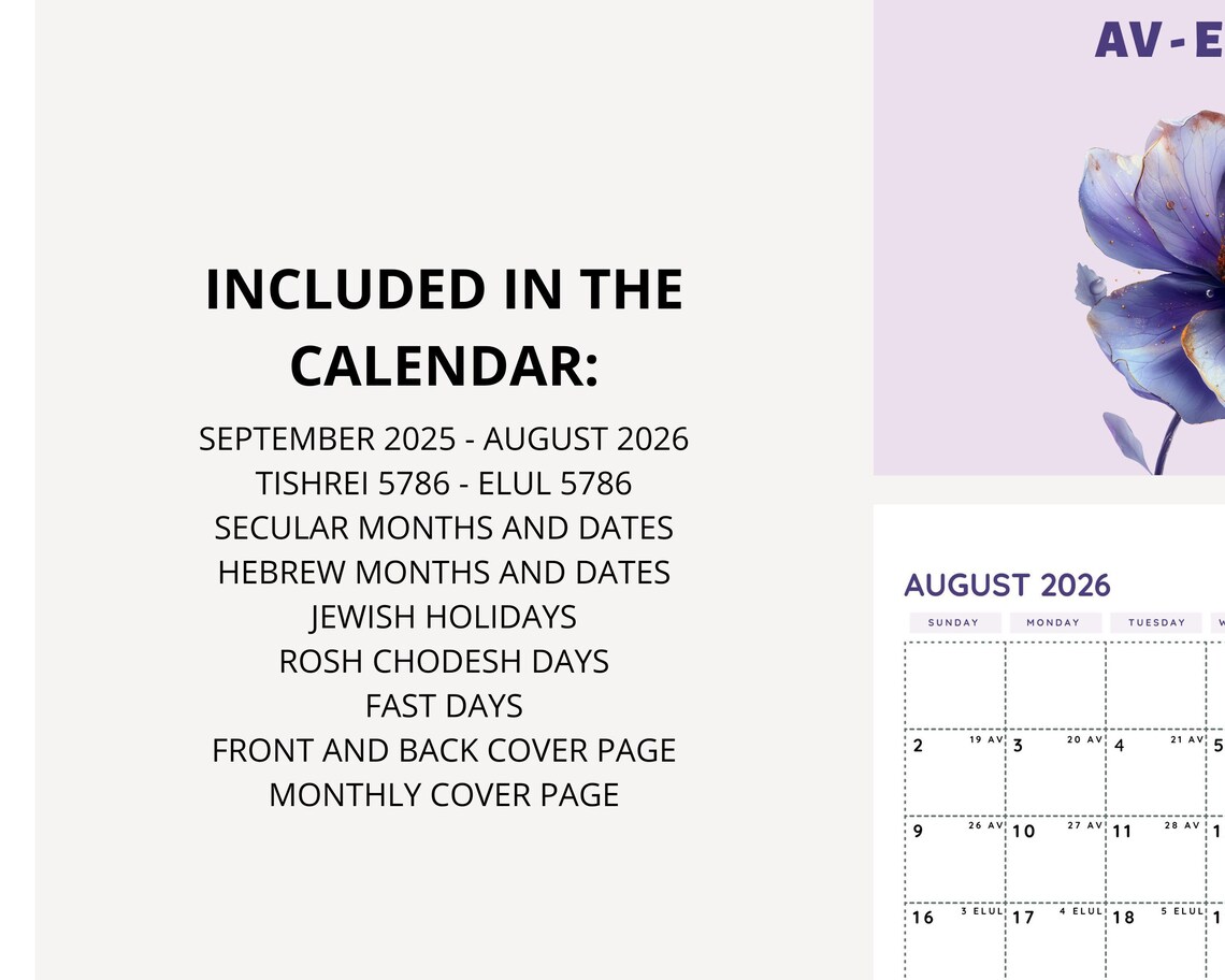 EDITABLE Hebrew Calendar 5786, Printable Jewish Calendar 2025-26 ...