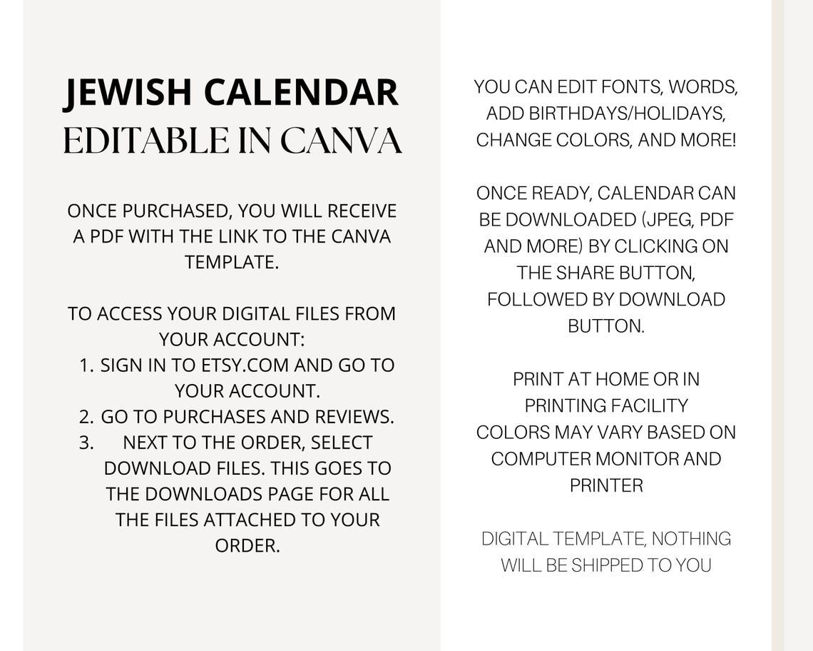 EDITABLE Yearly Jewish Calendar, Jewish Calendar 5785, Hebrew Calendar ...