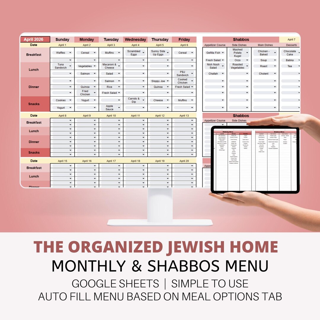 Editable Monthly & Shabbos Meal Plan, Menu Planner, Jewish Planners for ...