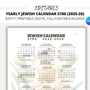 EDITABLE Yearly Jewish Calendar, Jewish Calendar 5785, Hebrew Calendar ...