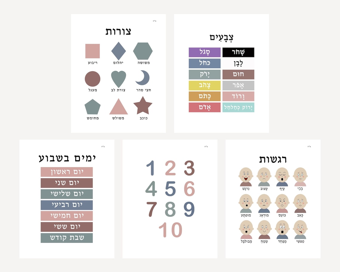 Hebrew Poster Set of 10, Homeschool Printables, Emotion Poster, Jewish ...