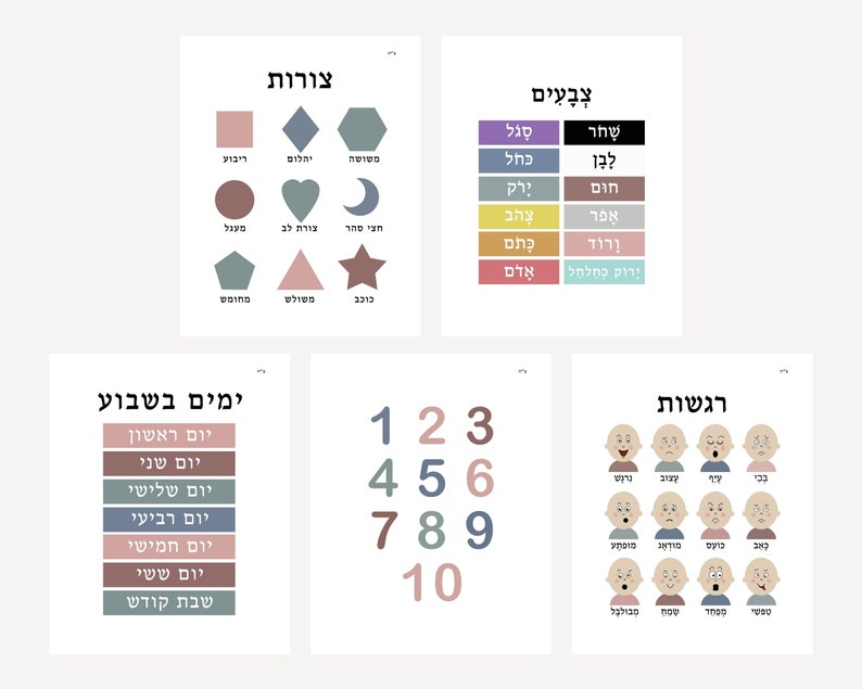 Hebrew Poster Set of 10, Homeschool Printables, Emotion Poster, Jewish ...