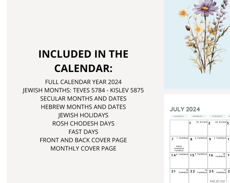 EDITABLE Jewish Calendar 2024, Hebrew Calendar 5784, Printable Jewish ...