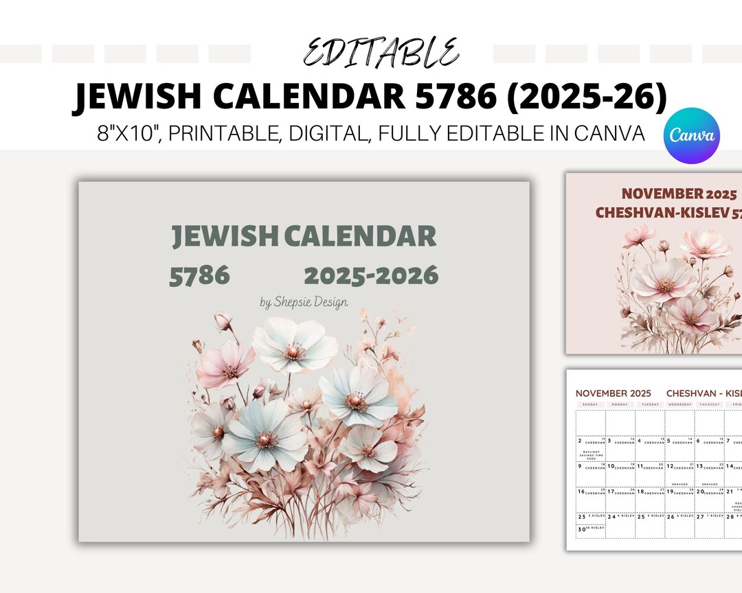 EDITABLE Hebrew Calendar 5786, Printable Jewish Calendar 2025-26 ...