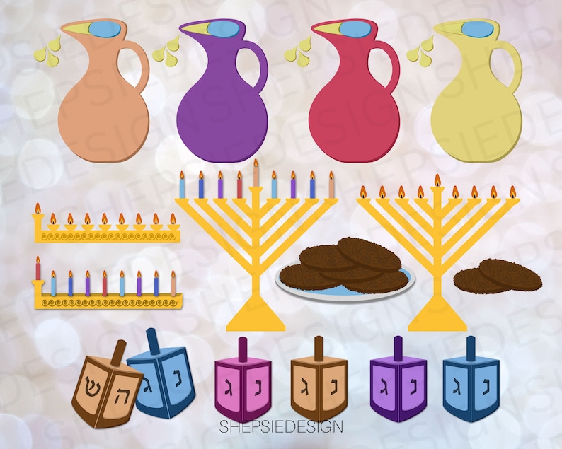 Hannukah Clip Art, Jewish Clipart, Menorah Dreidel Latkes Doughnuts Oil ...