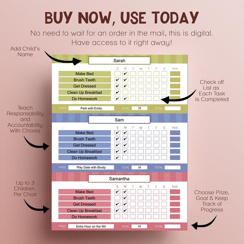 Editable Chore Chart for Multiple Kids, Routine Chart for 3 Kids ...