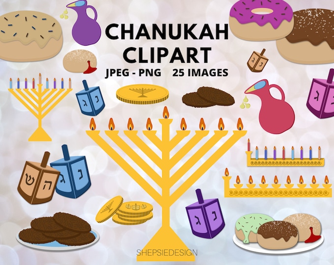 Hannukah Clip Art, Jewish Clipart, Menorah Dreidel Latkes Doughnuts Oil ...