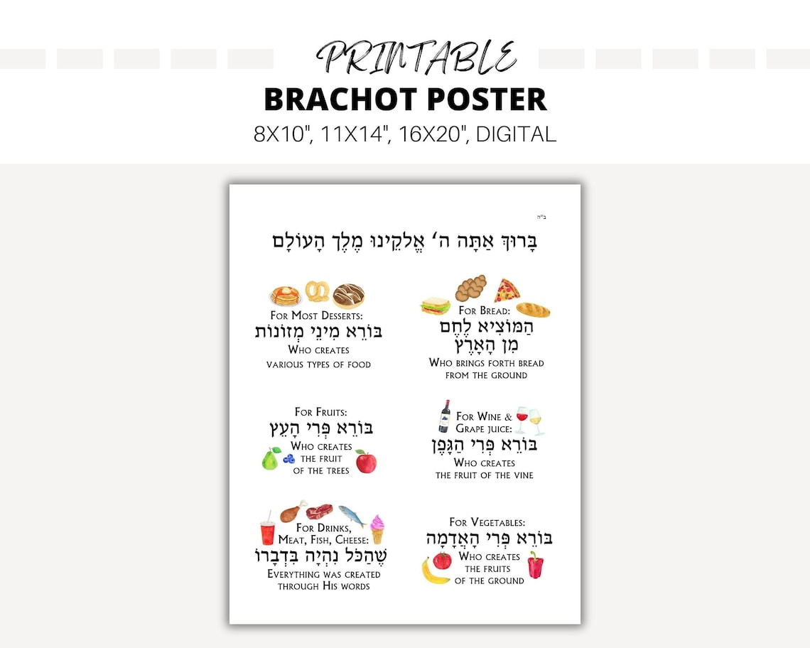 Printable Brachot Poster for Kids, Bracha Chart, Jewish Food Blessings ...