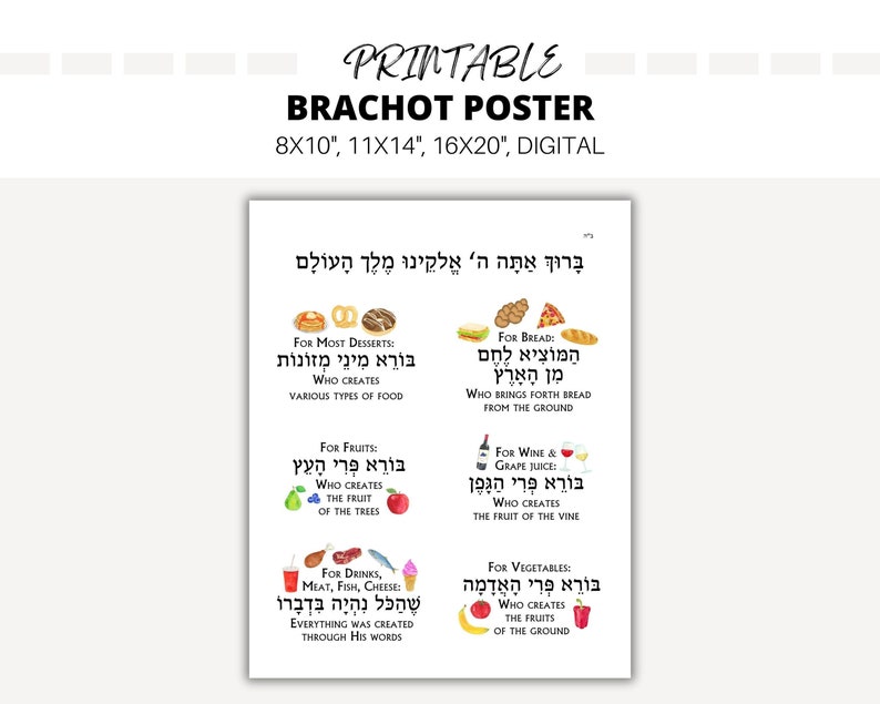 Printable Brachot Poster for Kids, Bracha Chart, Jewish Food Blessings ...