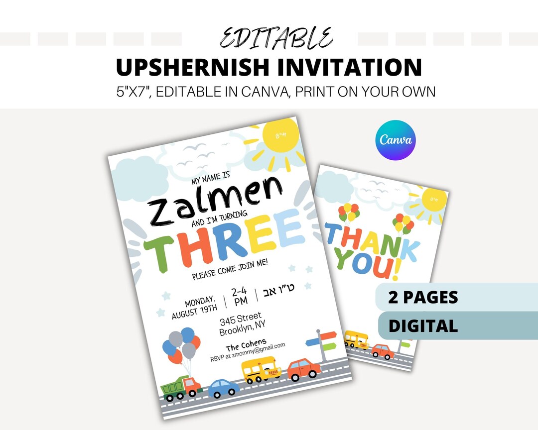 Editable Upsherin Invitation: Cars & Trucks, 5x7 Canva Template ...