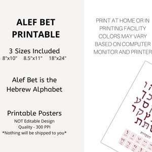 Hebrew Alphabet Printable, Judaica for Kids, Alef Bais Chart, Hebrew ...