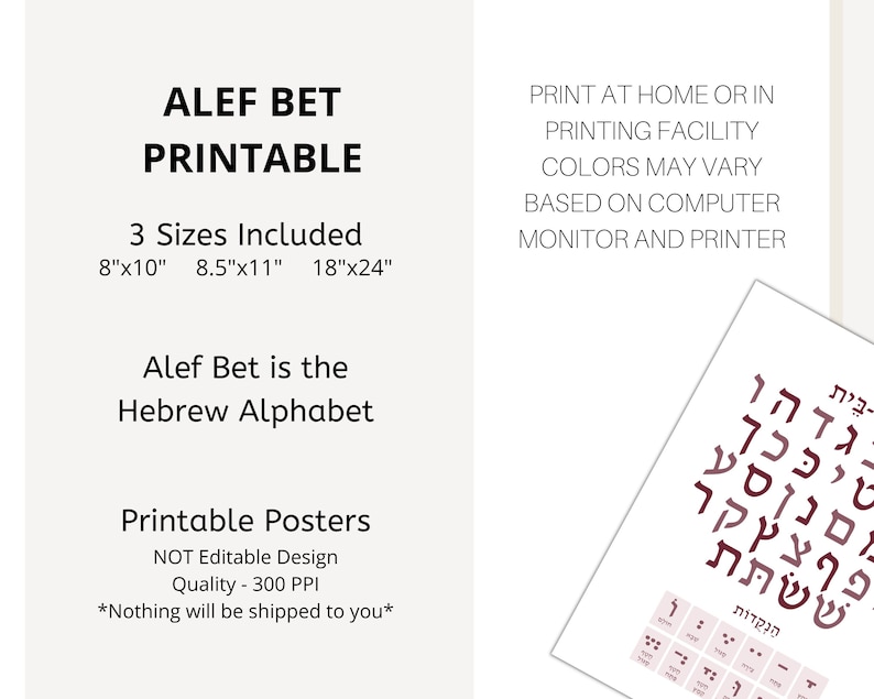 Hebrew Alphabet Printable, Judaica for Kids, Alef Bais Chart, Hebrew ...