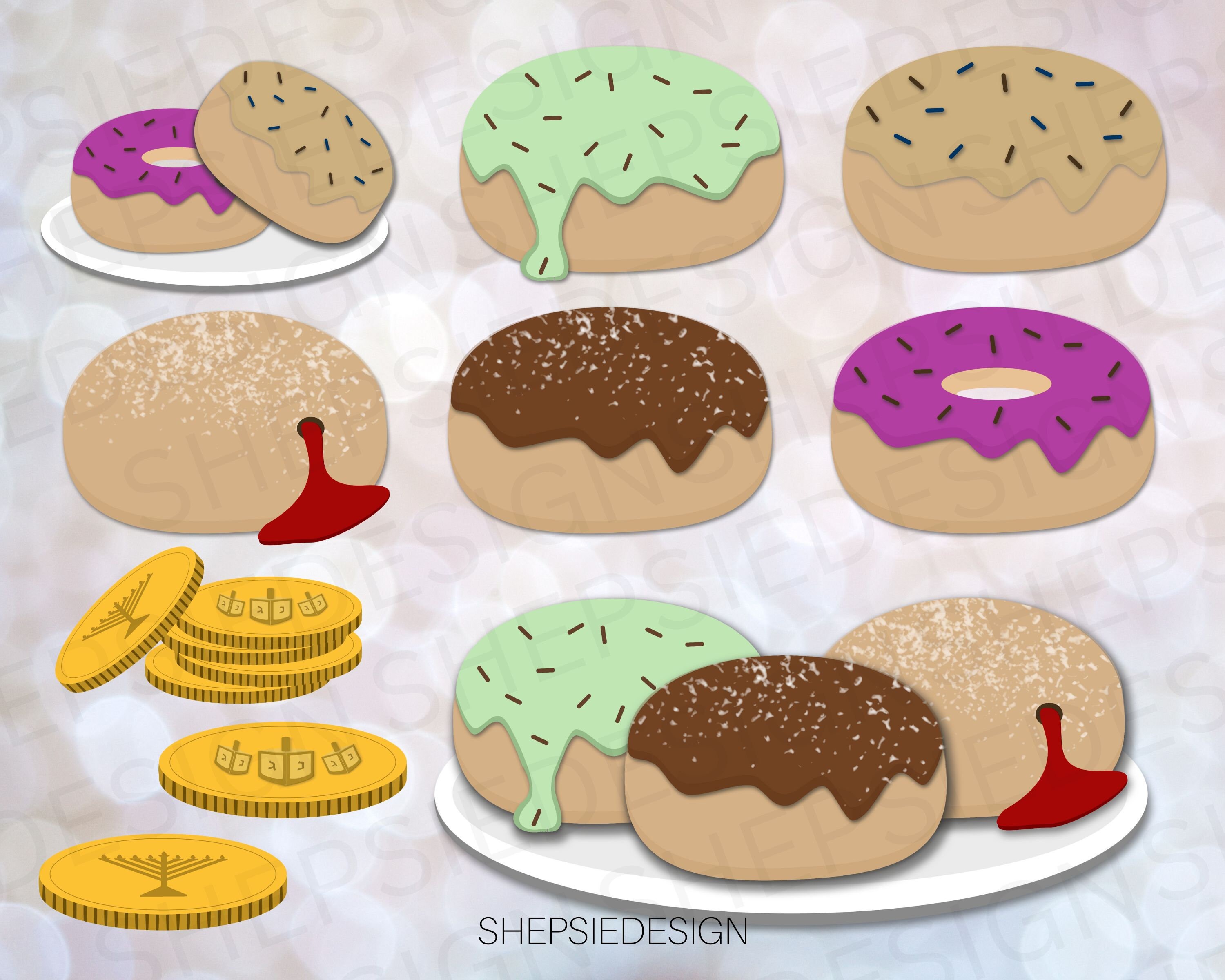 Hannukah Clip Art, Jewish Clipart, Menorah Dreidel Latkes Doughnuts Oil Gelt Chocolate, Chanukah ...
