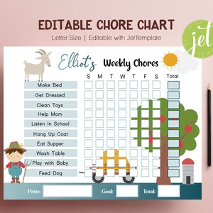 Farm Chore Chart for Boys, Editable Weekly Schedule for Kids, Reward ...