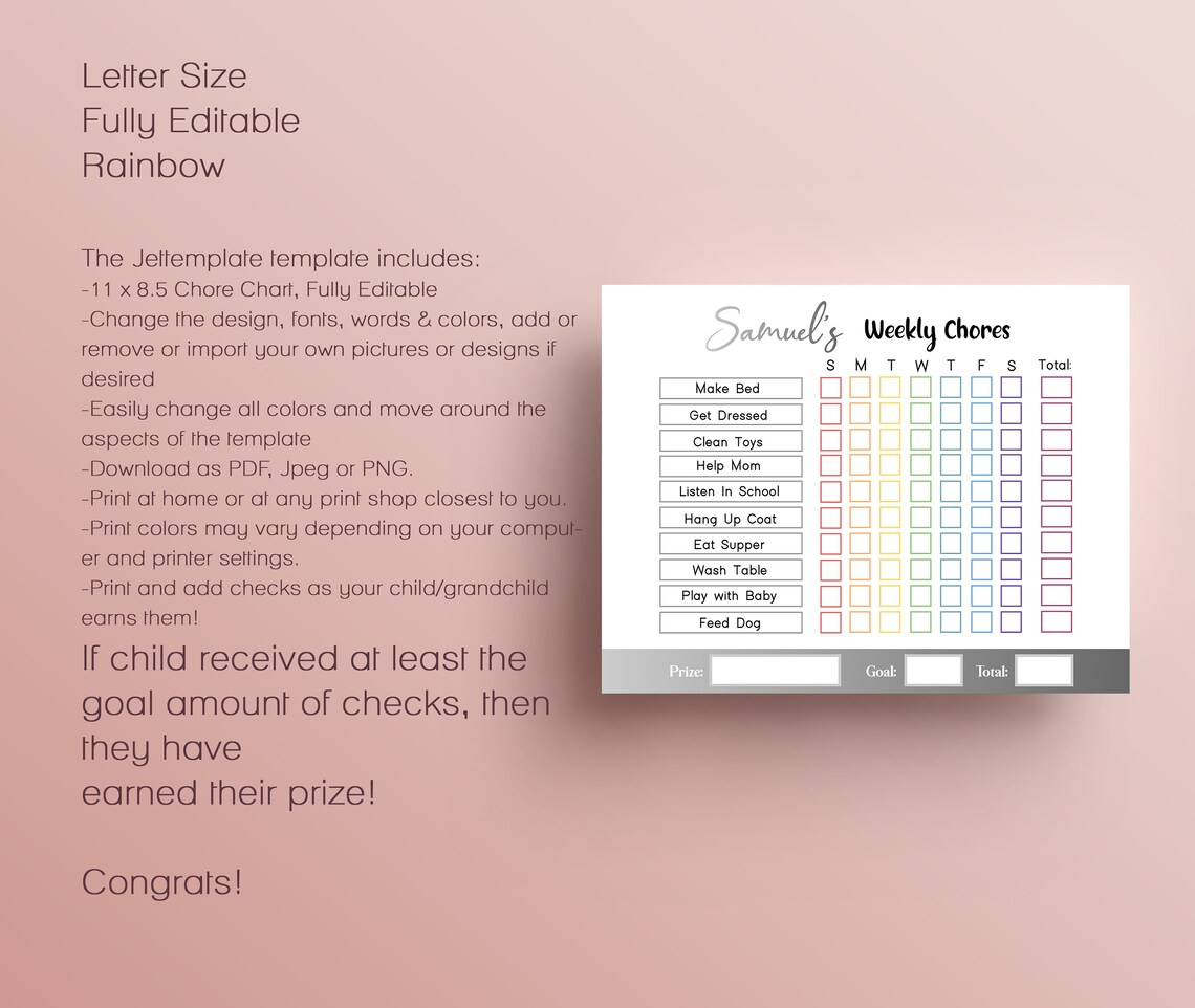 Rainbow Chore Chart for Girls, Editable Reward Chart for Toddler ...