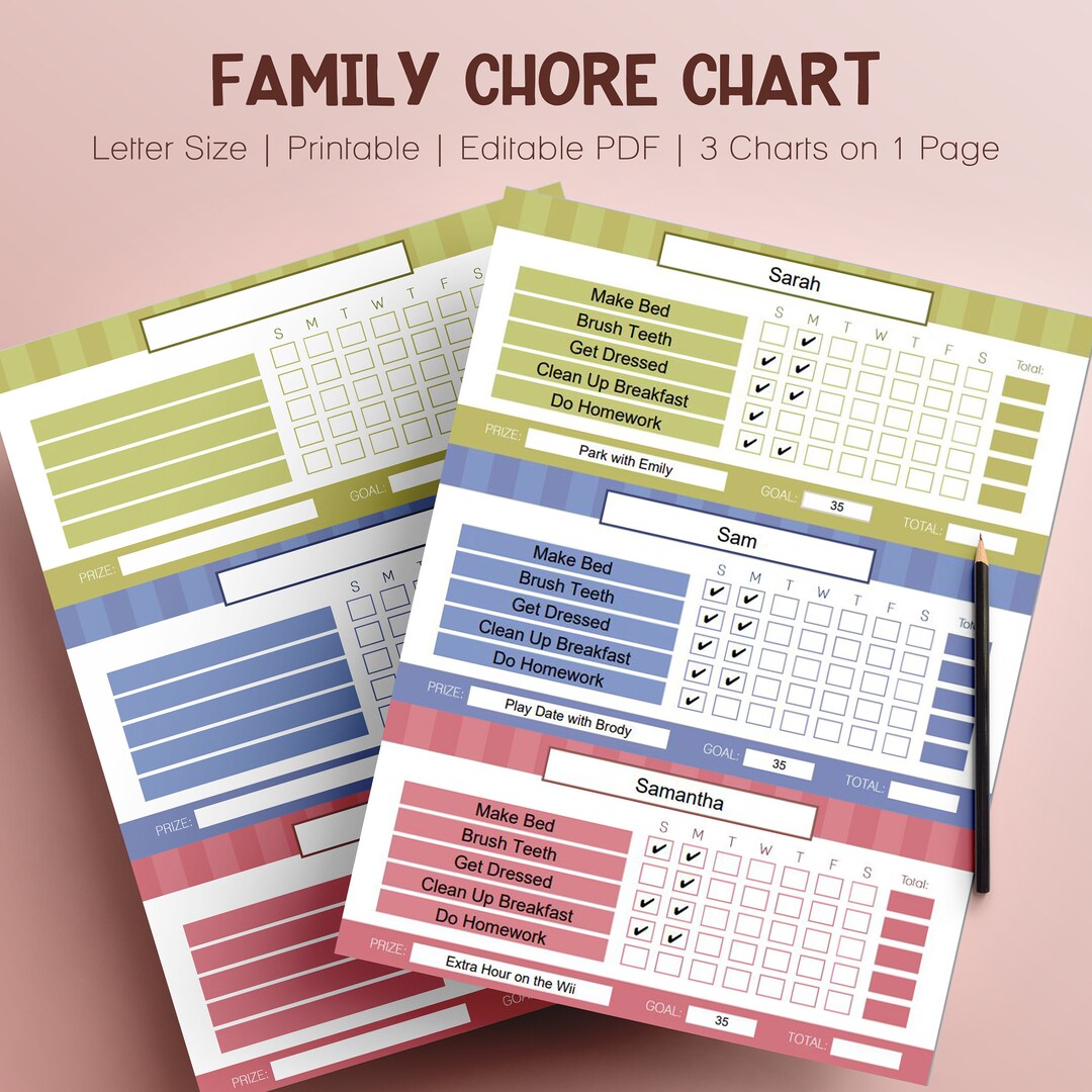 Editable Chore Chart for Multiple Kids, Routine Chart for 3 Kids ...