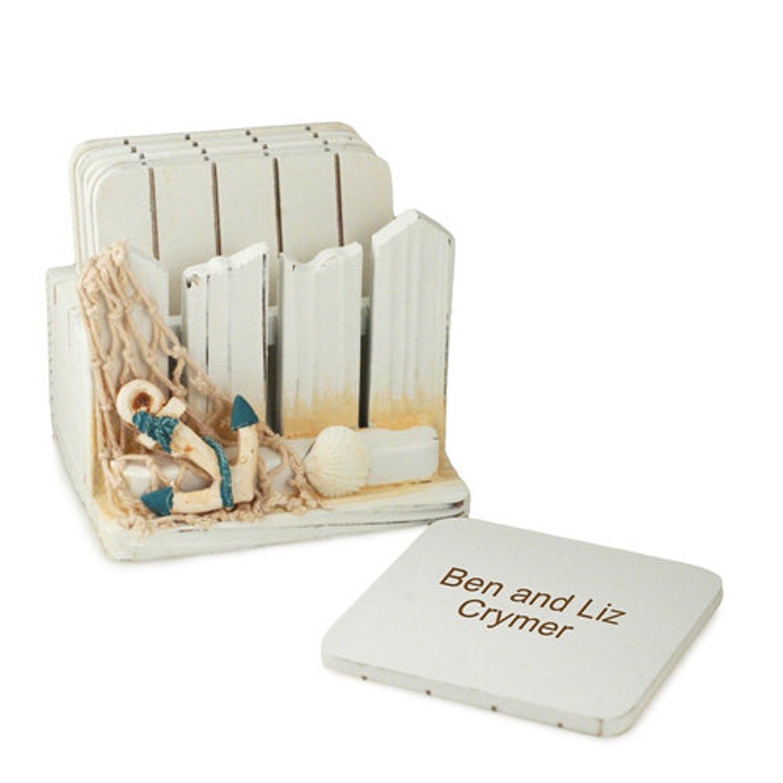 Handcrafted Nautical Wood Coasters With Picket Fence Beach Holder Set ...