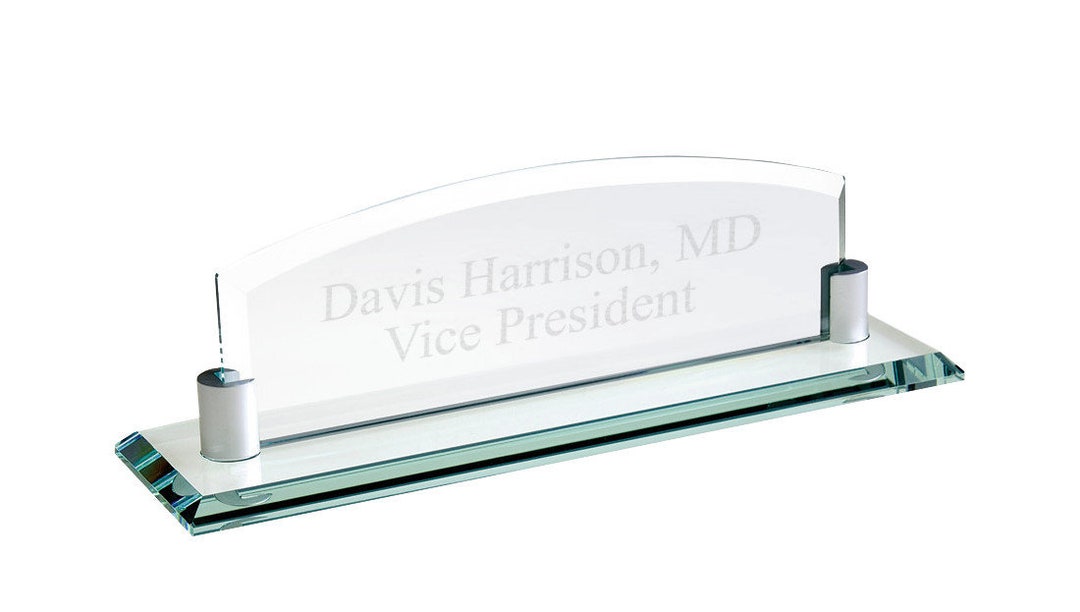 Office Desktop Jade Glass Nameplate With Aluminum Pole Holders - Custom ...