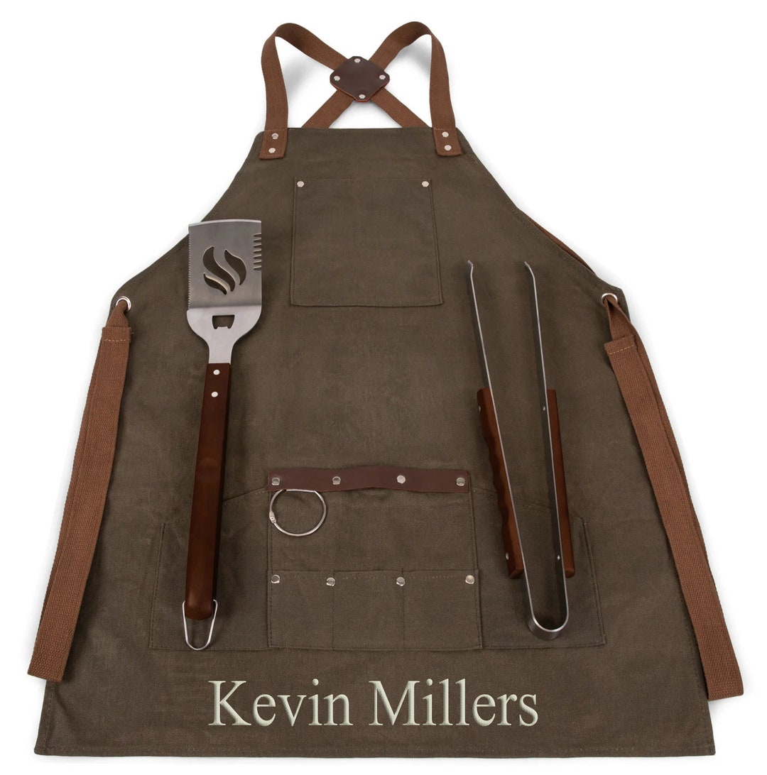 Smart BBQ Waxed Canvas Apron With Grilling Tool Set & Metal Bottle ...