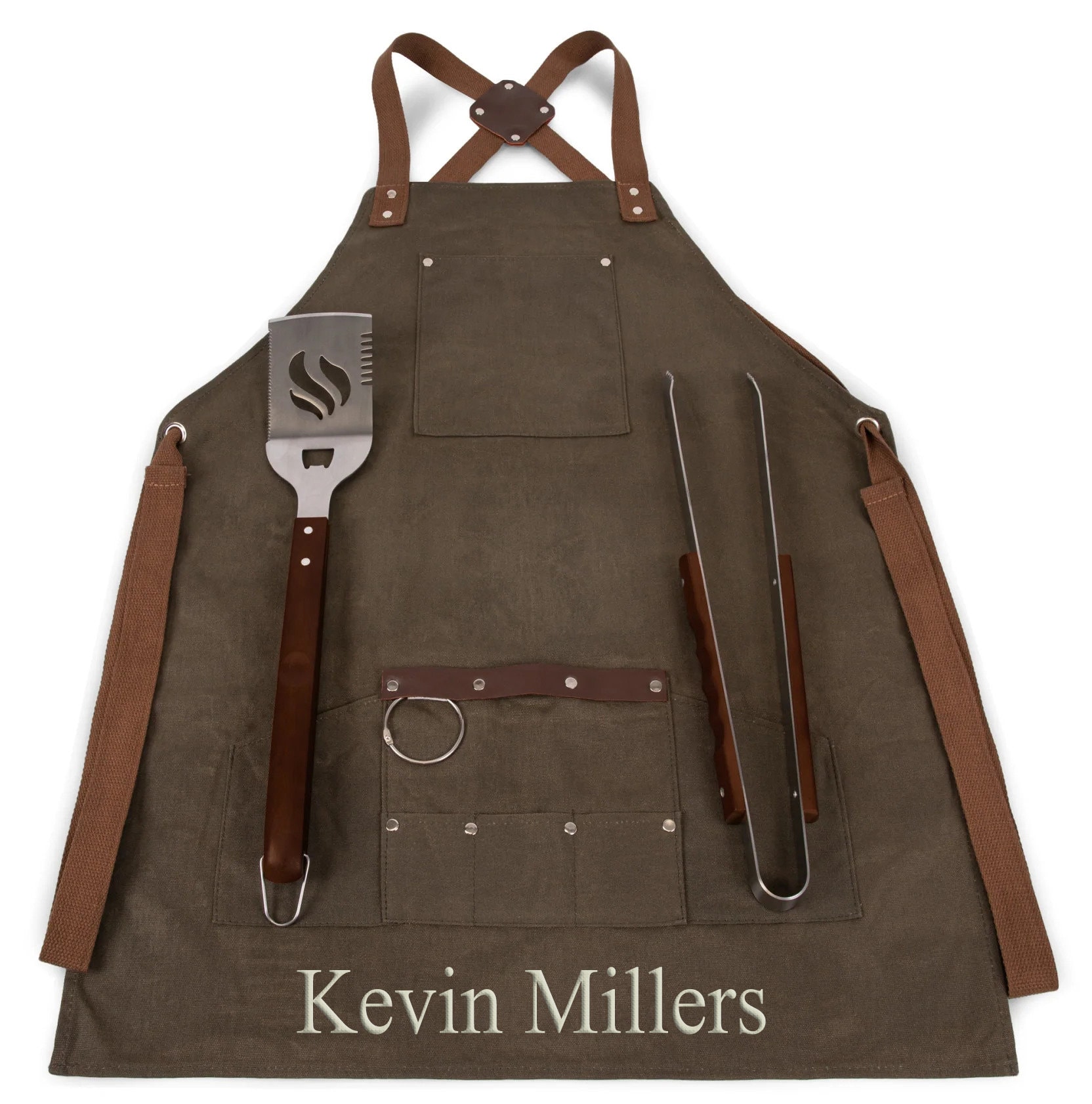 Smart BBQ Waxed Canvas Apron With Grilling Tool Set & Metal Bottle ...