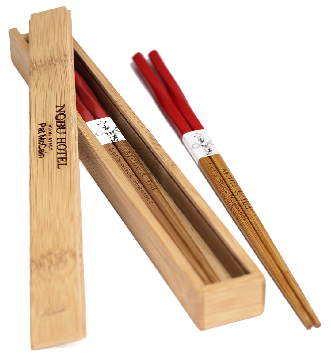 Engraved Fine Dining Twisted Red Chinese Bamboo Chopsticks Pair & Box 1 ...