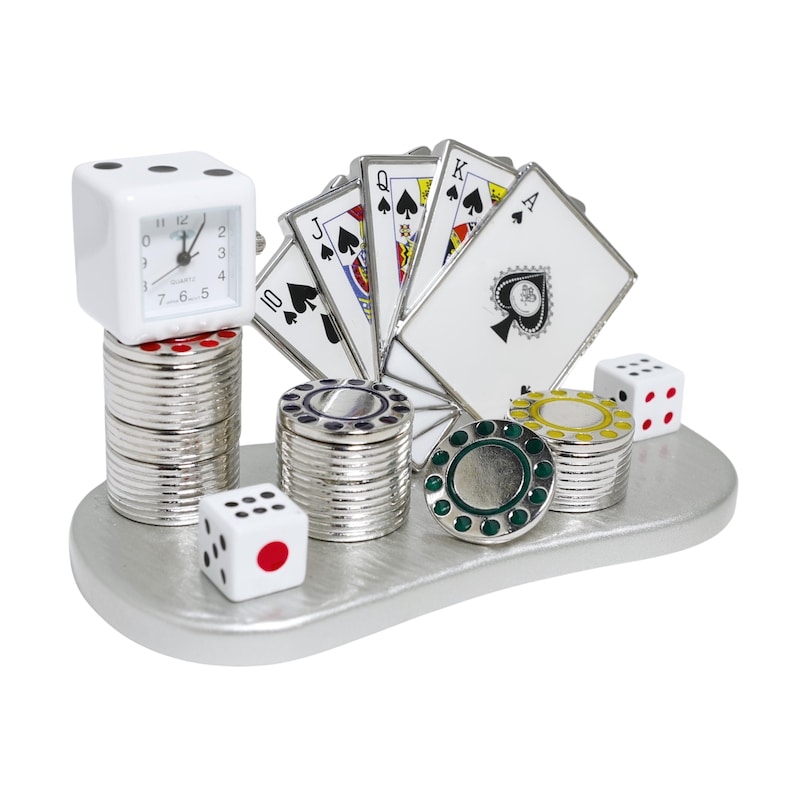 Silver Alloy Poker Champion Casino Cards Dice Mini Desk Clock ...