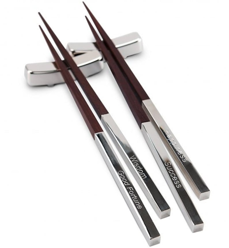 Personalized Engraved Brown Silver Asian Wood Chopsticks and Rest (1 ...