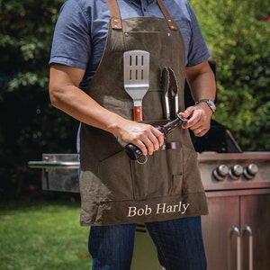 Smart BBQ Waxed Canvas Apron With Grilling Tool Set & Metal Retractable ...