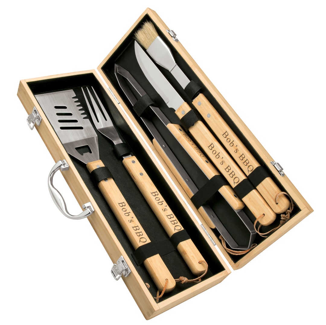 5-piece BBQ Grilling Tools Utensil Set With Premium Metal Handle Bamboo ...