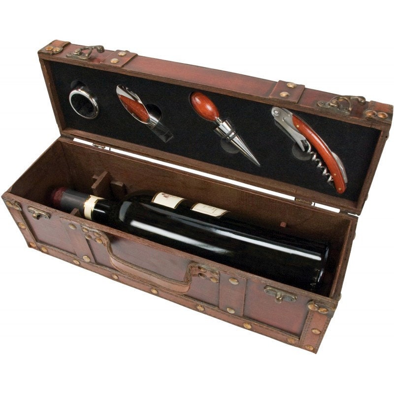 Treasure Chest Wood Wine Box and 4-piece Wine Service Set - Custom ...