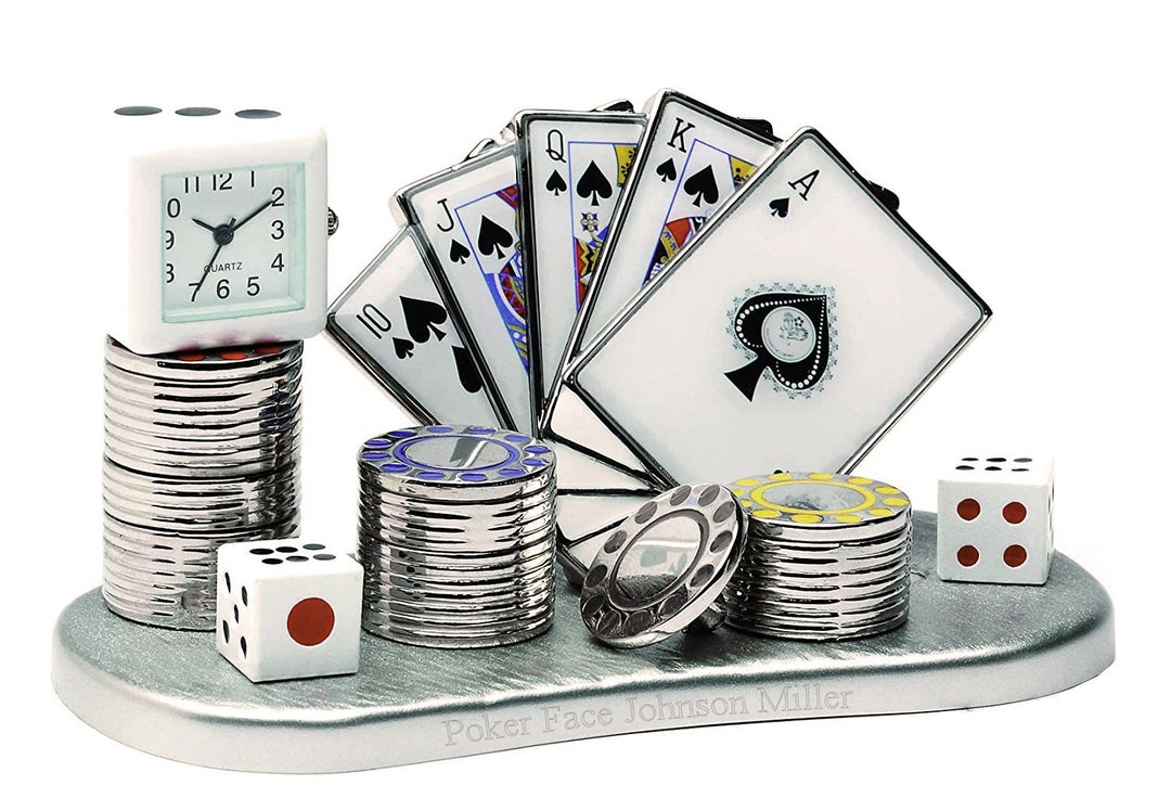Silver Alloy Poker Champion Casino Cards Dice Mini Desk Clock ...