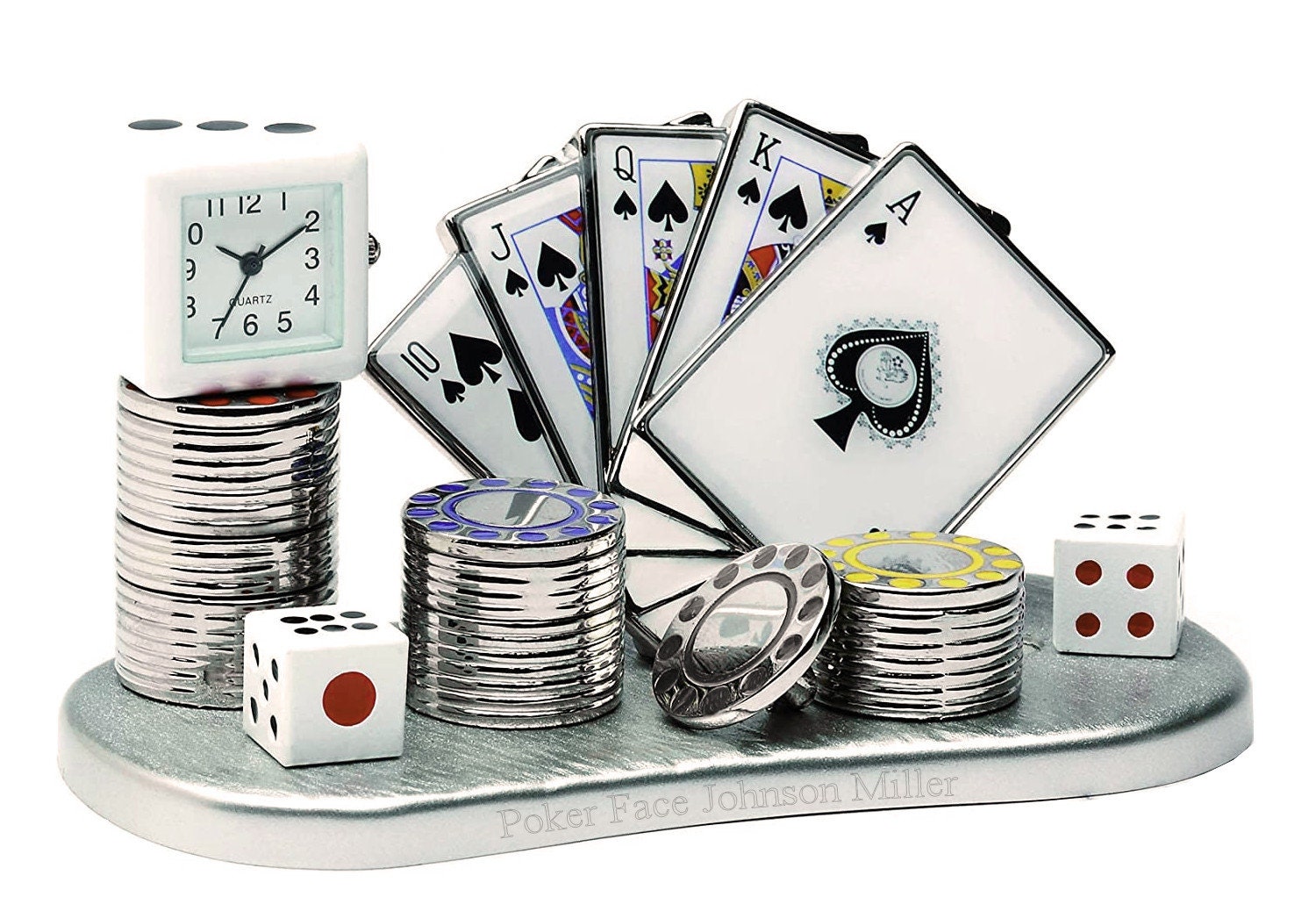 Silver Alloy Poker Champion Casino Cards Dice Mini Desk Clock ...