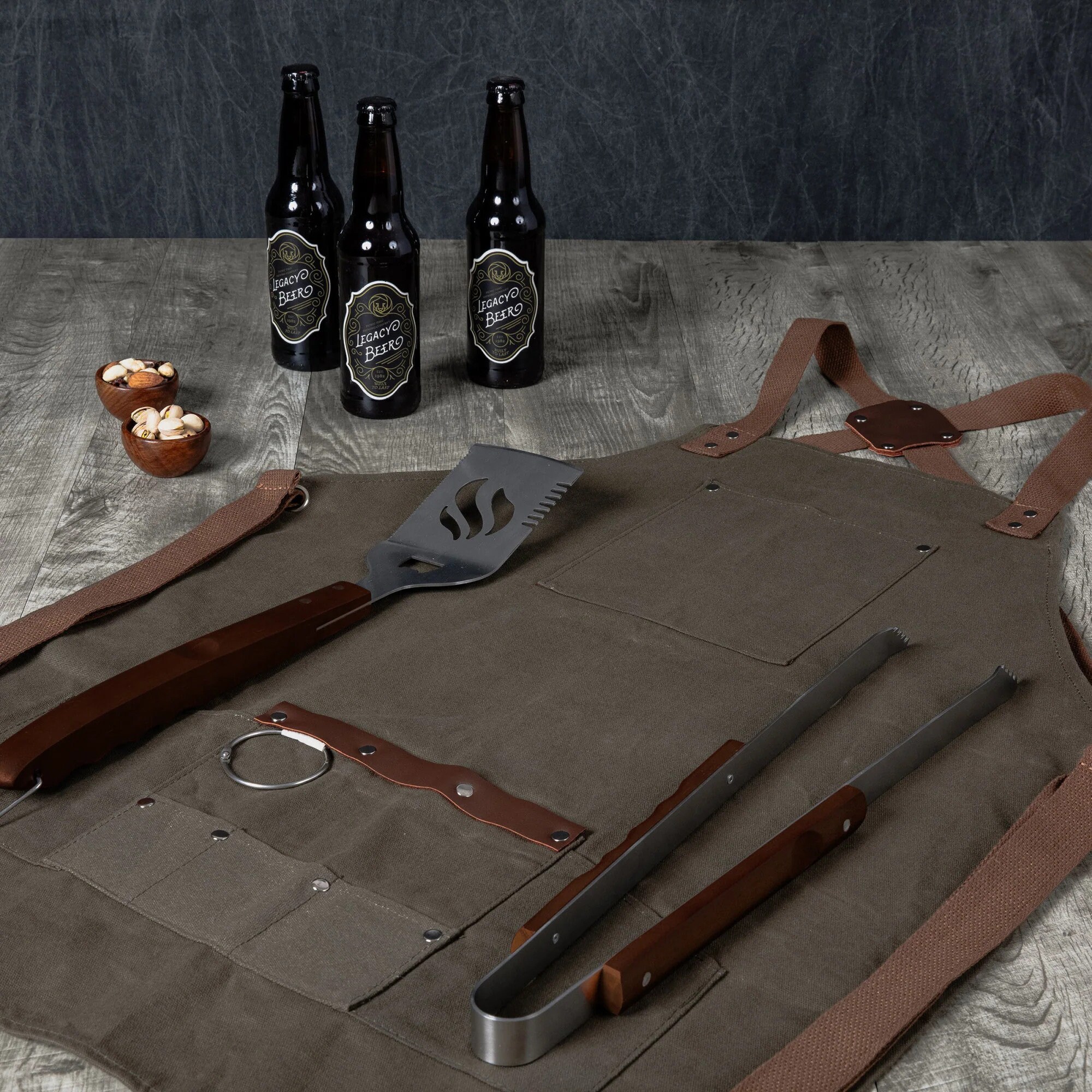 Smart BBQ Waxed Canvas Apron With Grilling Tool Set & Metal Bottle ...