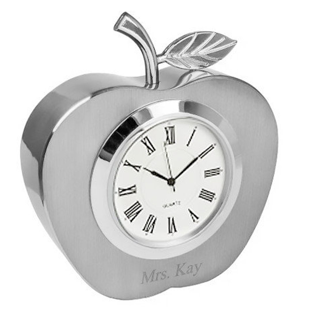 Silver Apple Achievement Desk Clock Award - Custom Engraved Teacher's ...