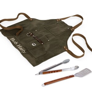 Smart BBQ Waxed Canvas Apron With Grilling Tool Set & Metal Retractable Bottle Opener Custom ...